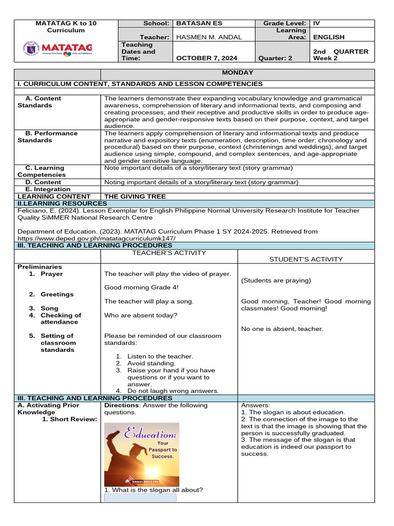 ENGLISH Day 2 Lesson Plan Week 2 Quarter 2 | PDF | Teachers | Learning