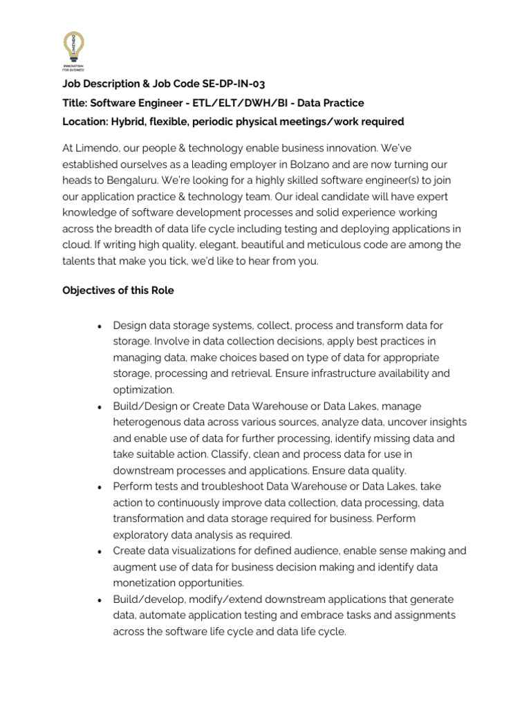 JD DP IN SE 03 ETL DWH Dev Limendo India | PDF | Data | Sql