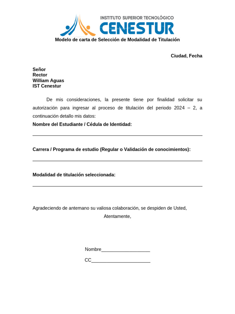 Modelo de Carta de Selección de Modalidad de Titulación | PDF