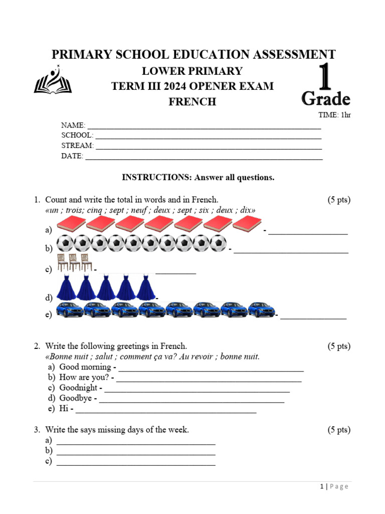 French Grade 1 End Term Iii Exam | PDF