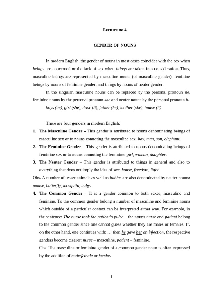 Curs 4 - The Noun - Cazuri - Nominativ | PDF | Grammatical Gender | Noun