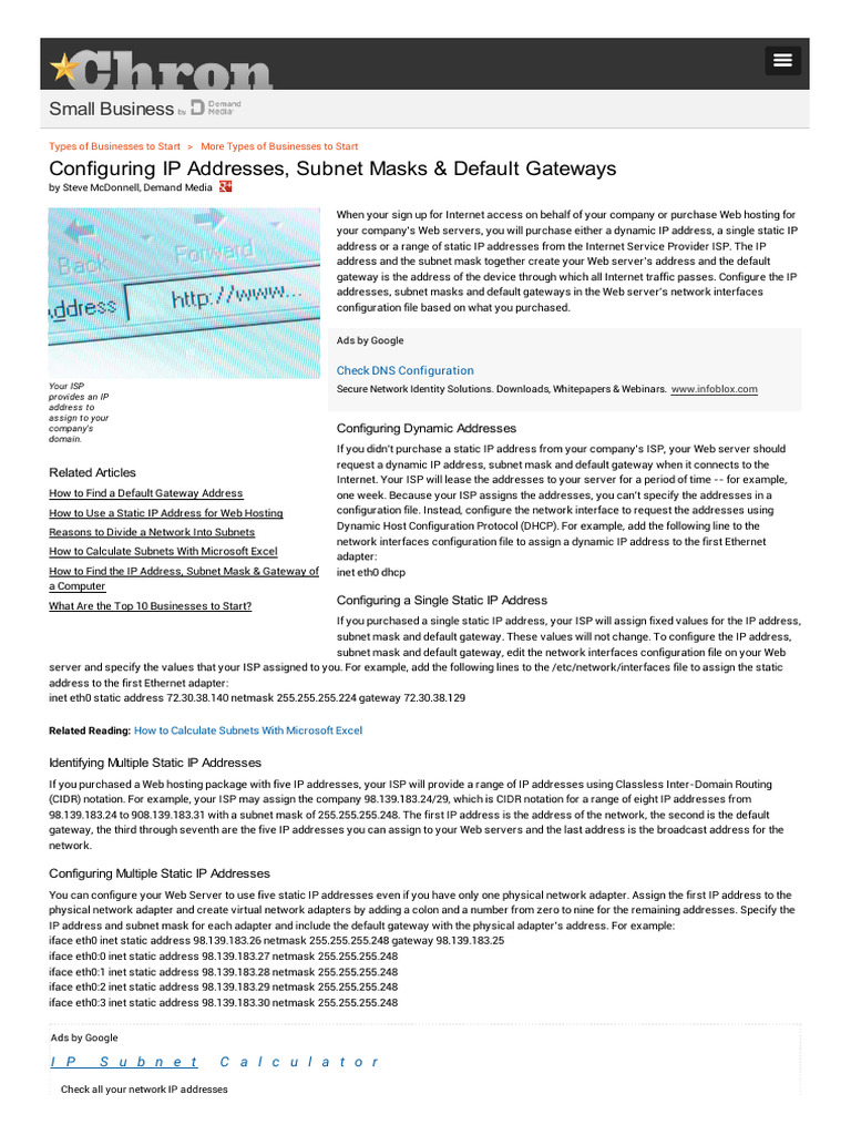 Configuring Ip Addresses Subnet Masks And Default Gateways Pdf Ip Address Computer Network
