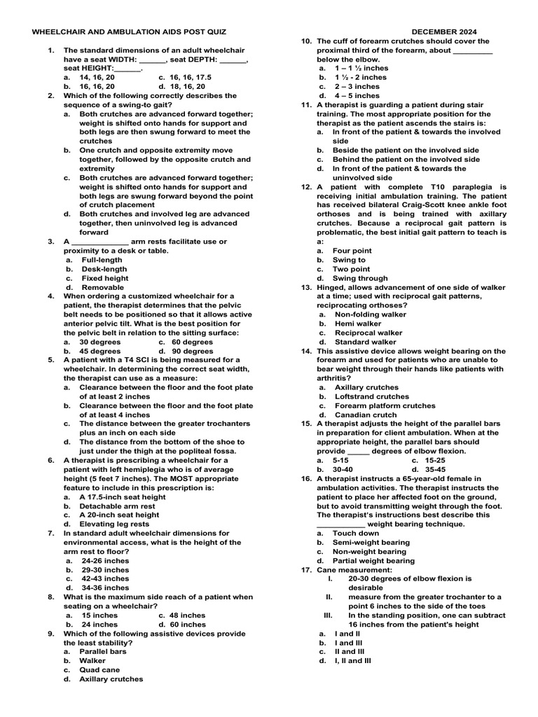 Wheelchair and Ambulation Aids Quiz | PDF | Wheelchair ...