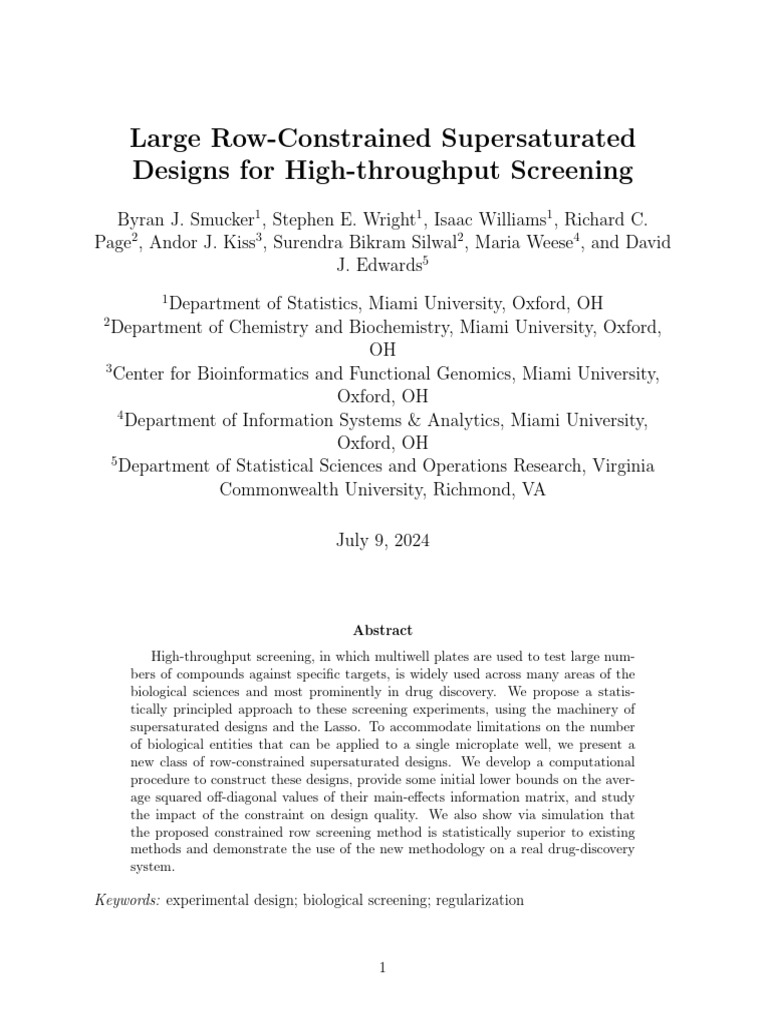 B-Large Row-Constrained Supersaturated Designs For High-Throughput Screening | PDF | High ...