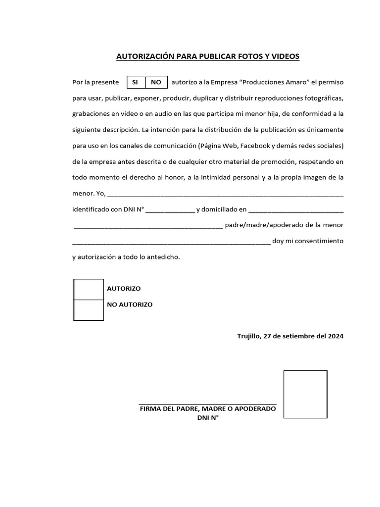 Autorización para Publicar Fotos y Videos | PDF