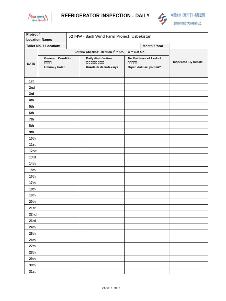 Refrigerator Inspection Daily | PDF