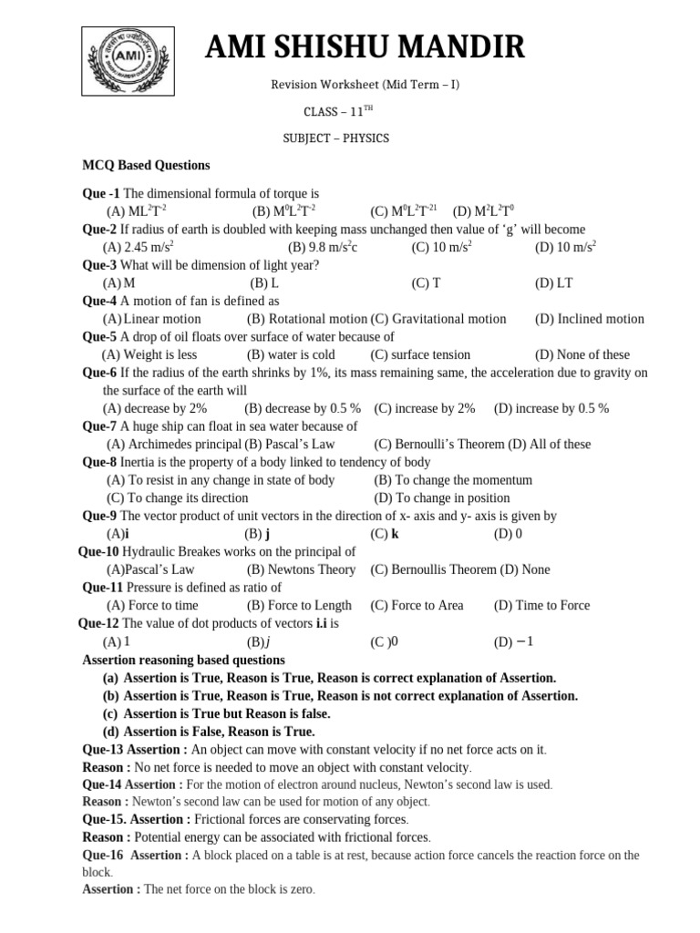 Class 11 Physics Revision Worksheet | PDF | Force | Momentum