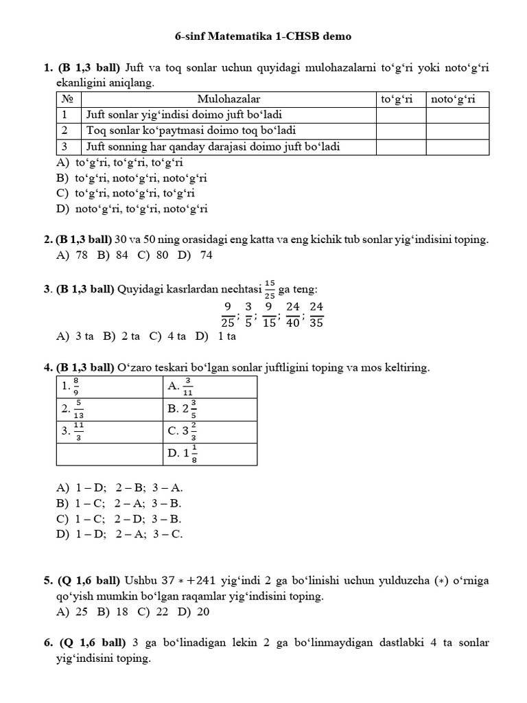 6-Sinf Matematika Demo 1-CHSB @summativ - Formativ - Baholash | PDF