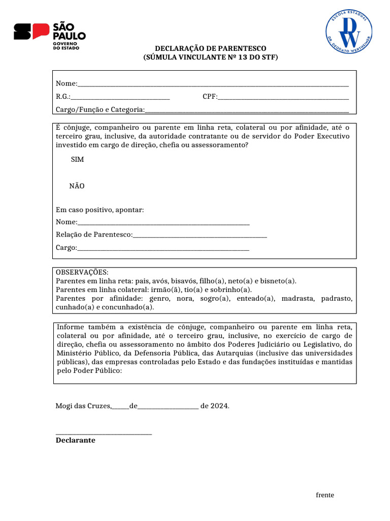 Anexo VI - Declaração de Parentesco - Súmula Vinculante Nº 13 Do STF ...