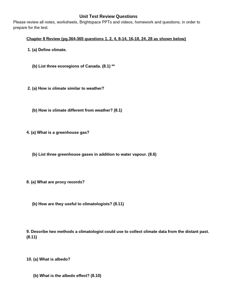 Climate Change Unit Test Review Questions | PDF | Climate Change ...