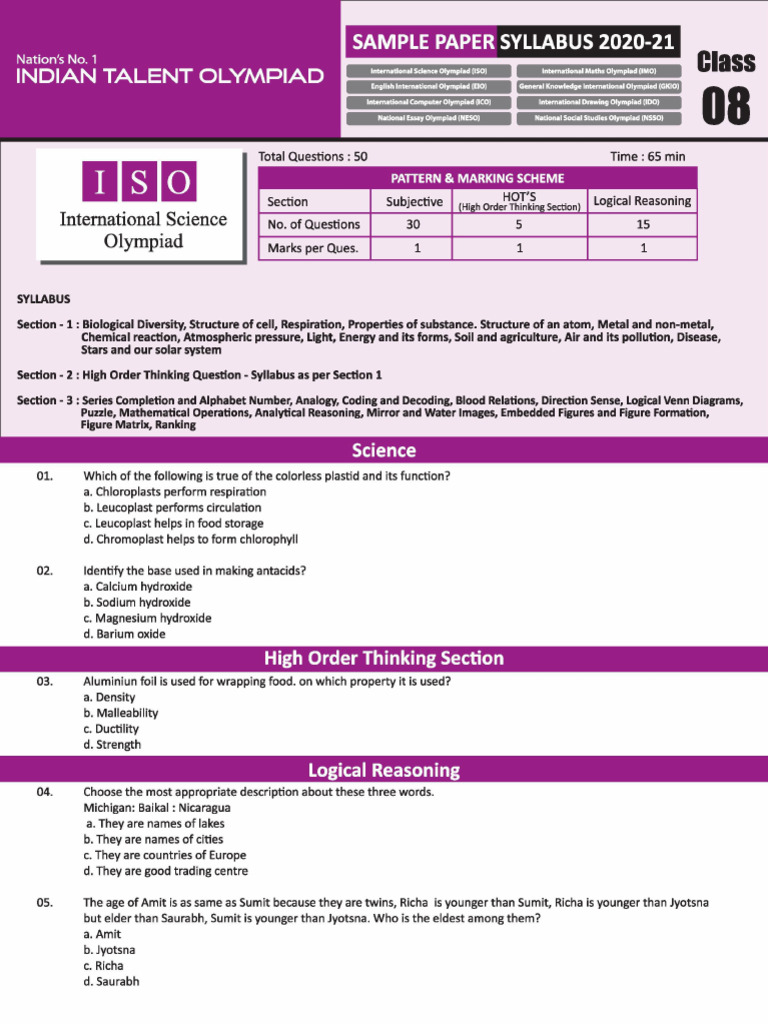 ISO Class 8 Sample Paper | PDF