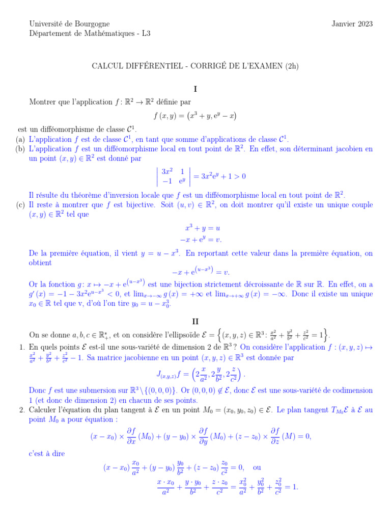 L3 - Calcul Differentiel - Examen Corrige - 2022-2023 | PDF | Concepts mathématiques ...