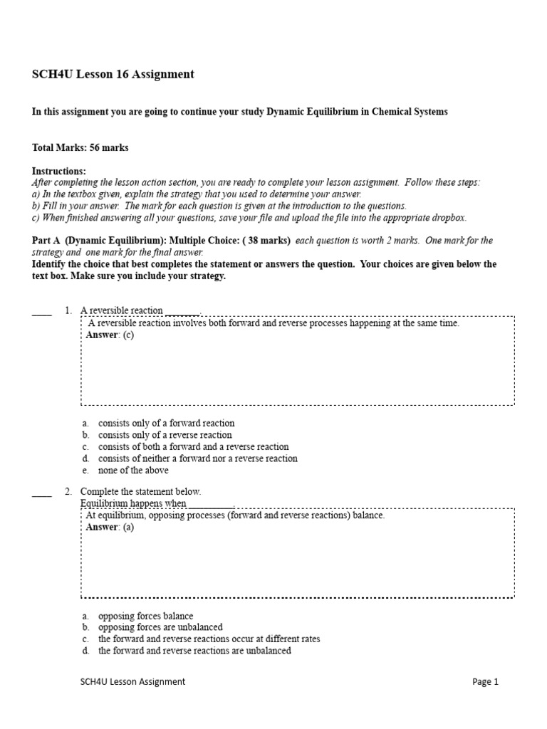 SCH4U Lesson 16 Assignment | PDF | Chemical Equilibrium | Chemical Reactions