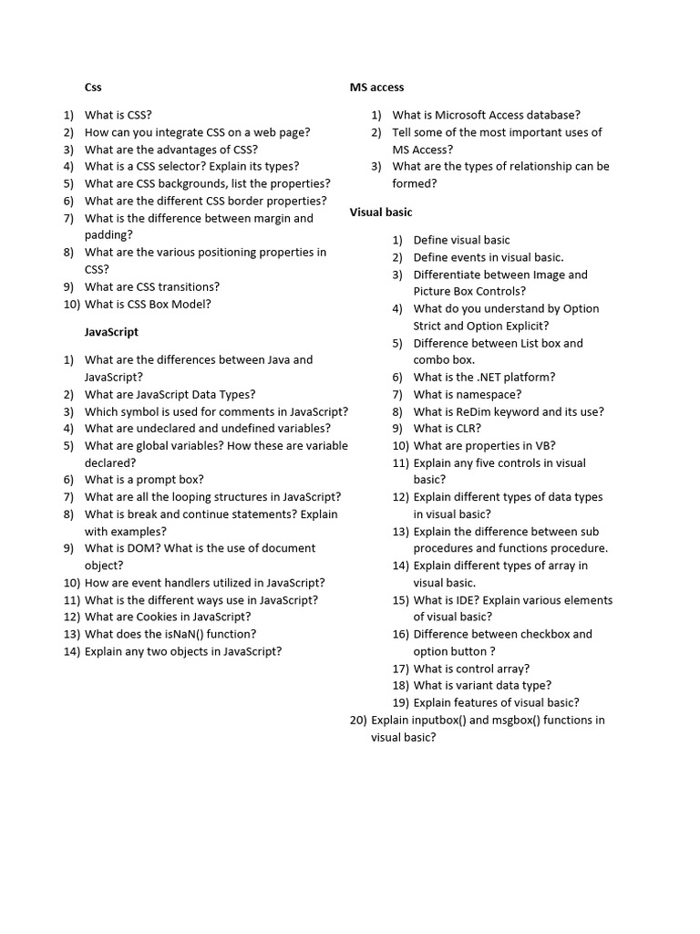 Css And Javascript Questions Pdf Java Script Microsoft Access
