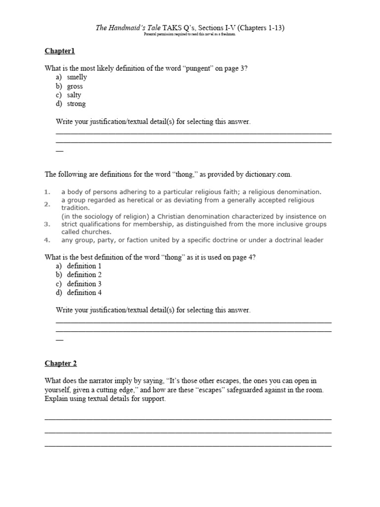 Handmaid's Tale Chapter 1 Q&A Guide | PDF | Narrative