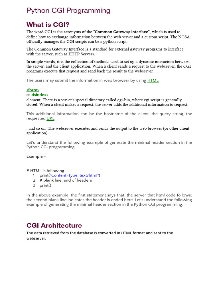 Python CGI Programming | PDF | Networking | Internet & Web Python CGI Programming | PDF | Networking | Internet & Web