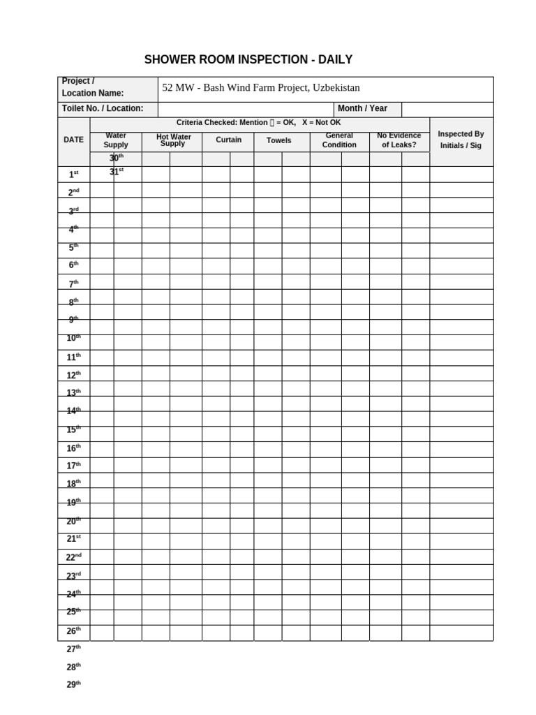Shower Room Inspection Daily RevA | PDF