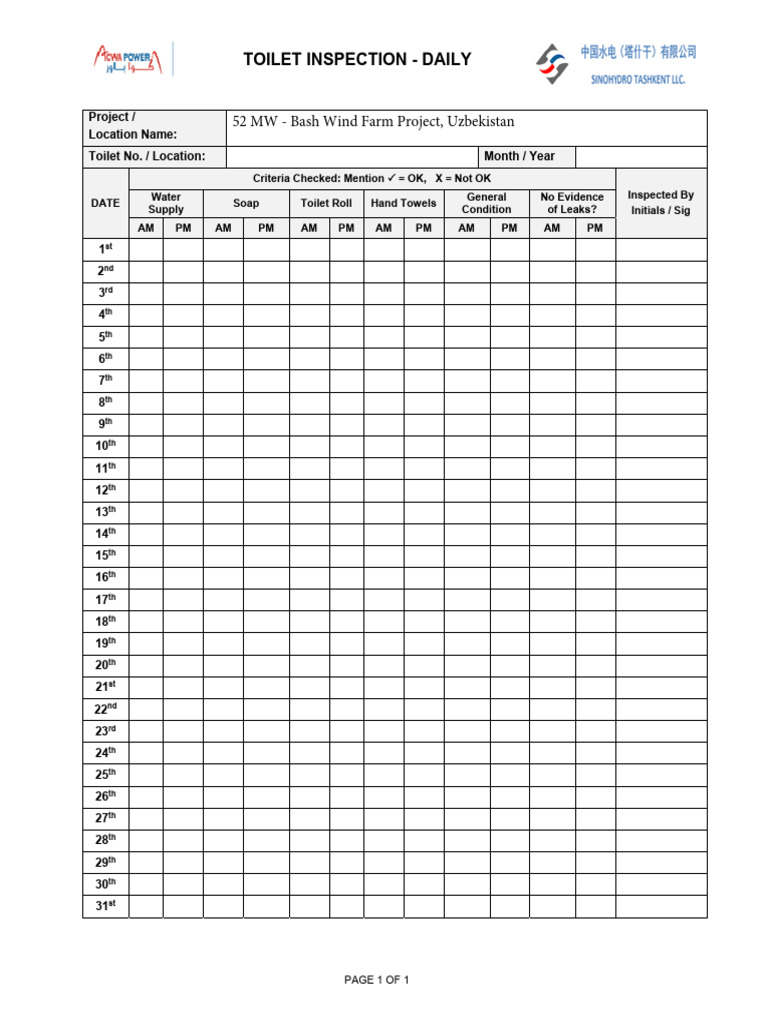 Daily Toilet Inspection Checklist | PDF