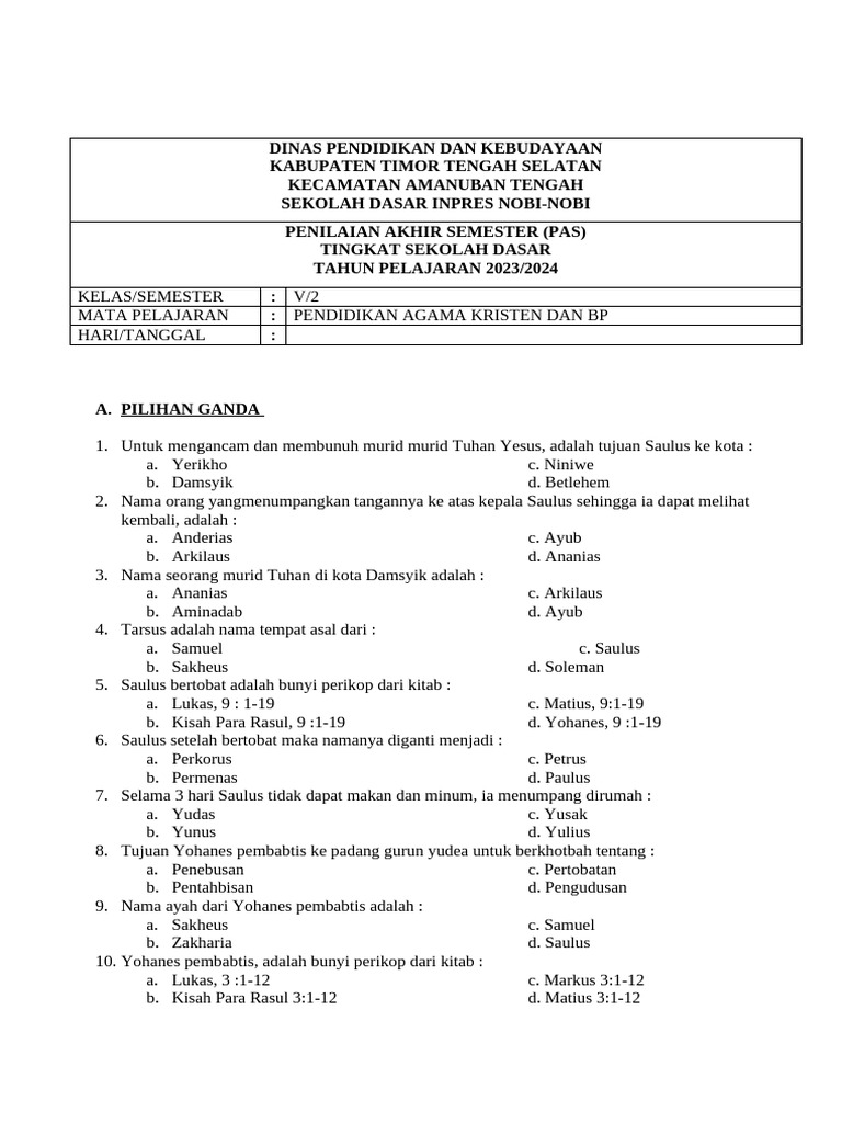 Soal Agama Kristen KLS V | PDF