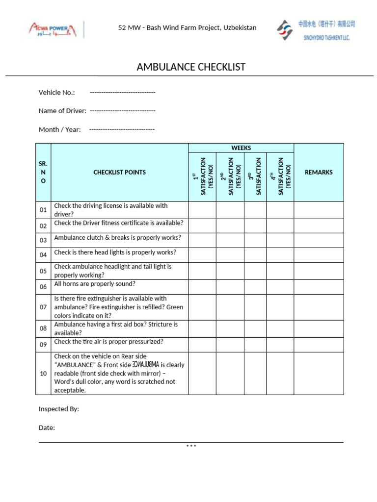Ambulance-checklist | PDF | Ambulance | Wheeled Vehicles