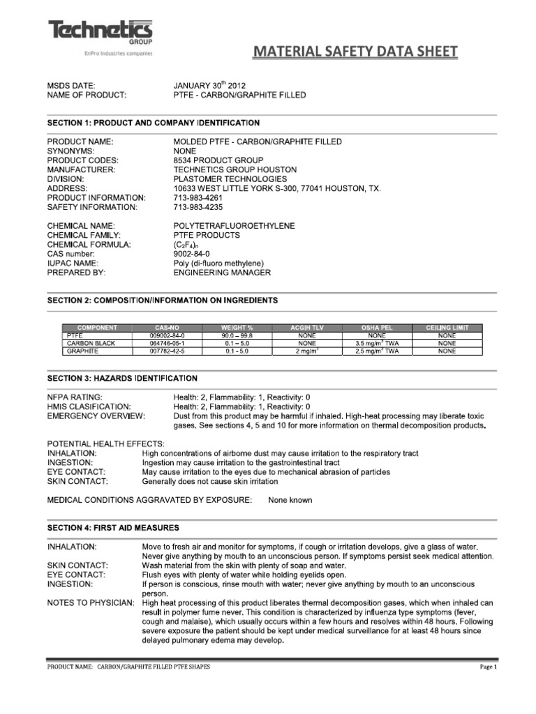 PTFE Carbon Filled SDS Safety Data Sheet Boedeker | PDF