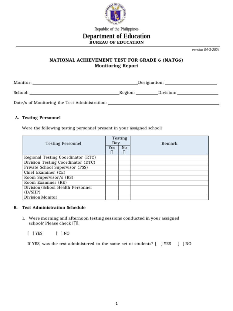 NAT Grade 6 Monitoring Tool | PDF