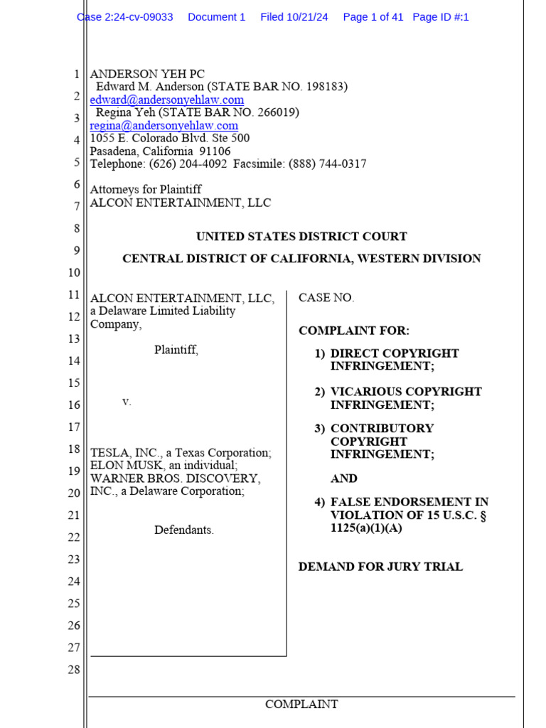 Alcon v. Tesla - Complaint | PDF | Personal Jurisdiction | Tort