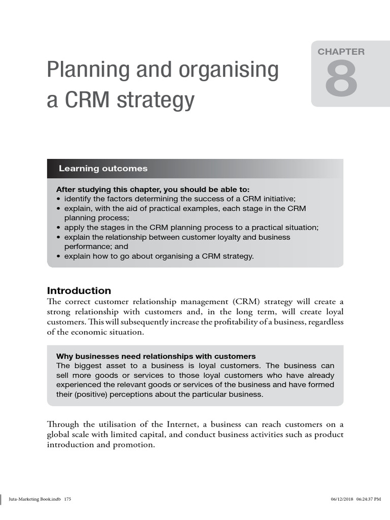 Relationship Marketing and Customer Relationship M... - (Chapter 8 Planning and Organising A CRM ...