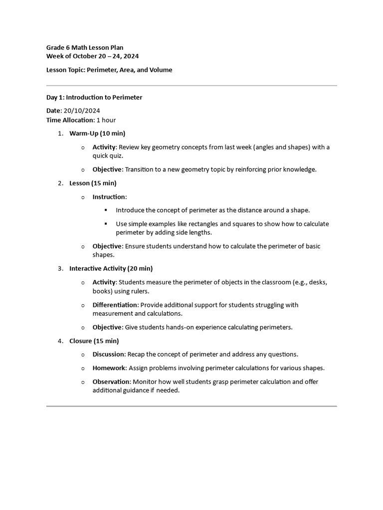 Lesson Plan Grade 6 Math Week 5 | PDF | Area | Volume
