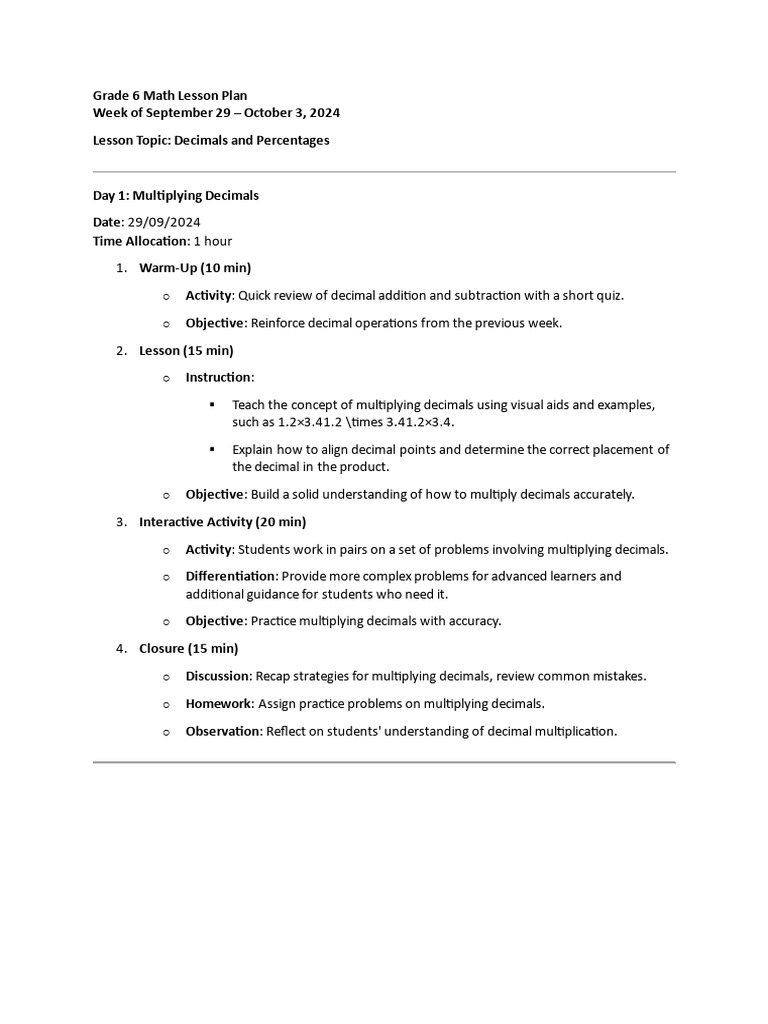 Lesson Plan Grade 6 Math Week 2 | PDF | Lesson Plan | Percentage