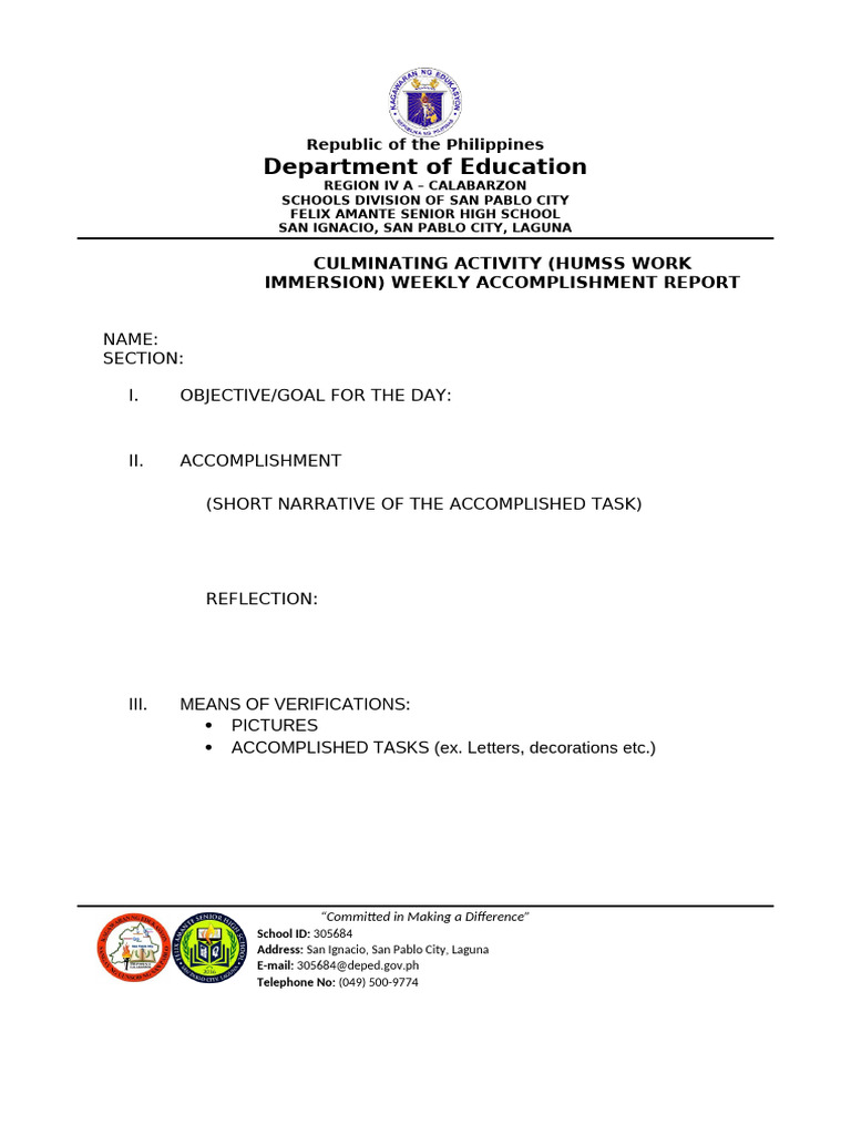 Weekly Accomplishment Report Sample Format Culminating | PDF