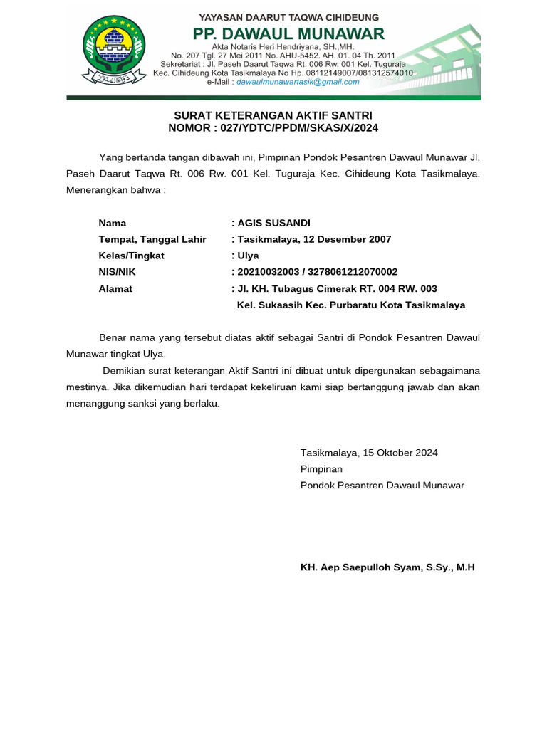Surat Keterangan Aktif Santri | PDF