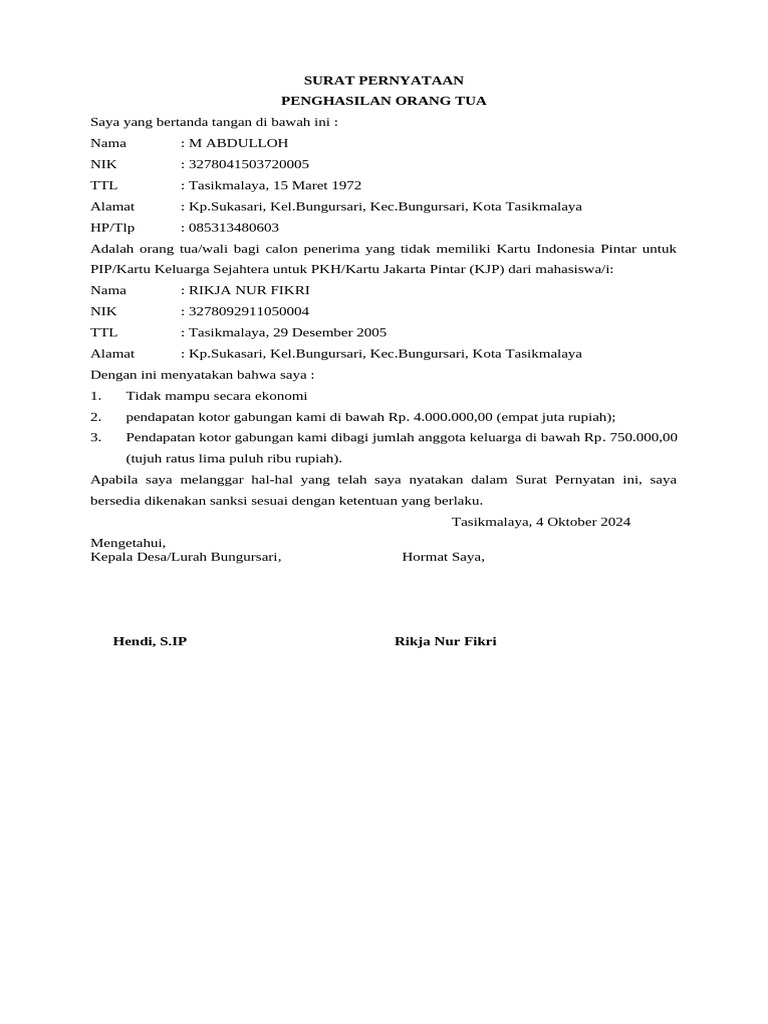 SURAT PERNYATAAN Penghasilan Ortu | PDF
