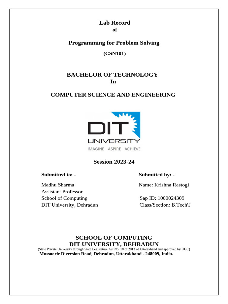 Lab Record for CSN101 Programming | PDF