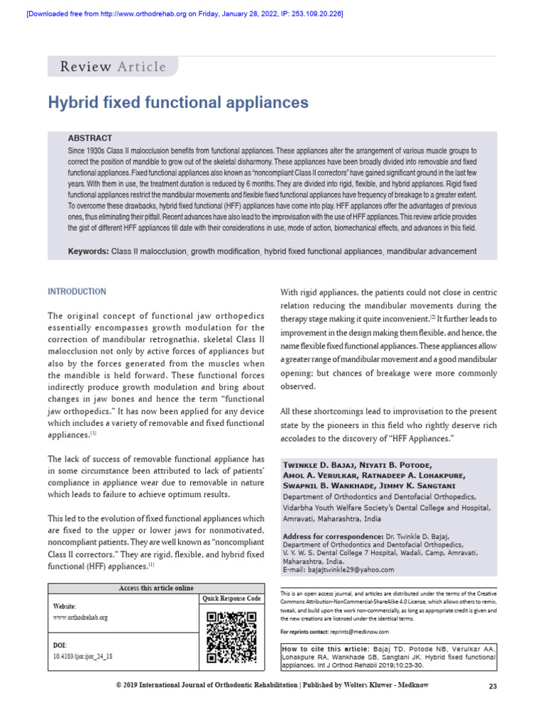 Hybrid Fixed Functional Appliances Review | PDF | Orthodontics ...