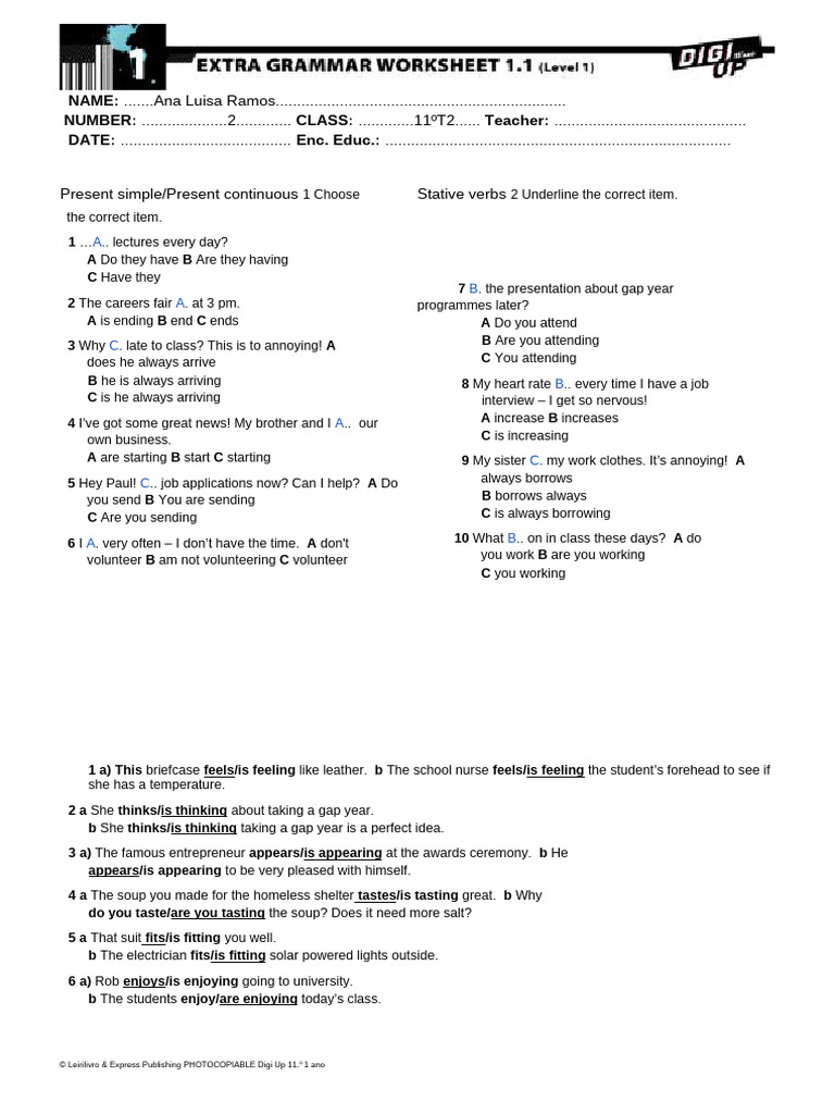 Present Simple vs. Continuous Practice | PDF | Language Mechanics | Syntax