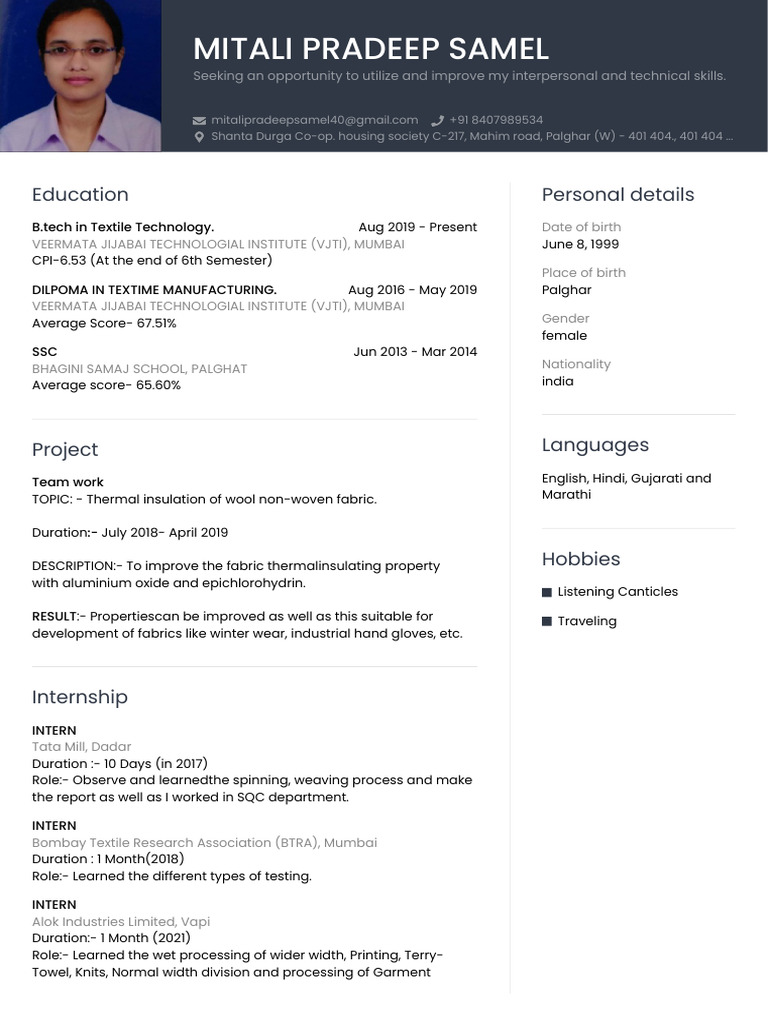 Resume MITALI PRADEEP SAMEL | PDF | Mumbai | Textiles