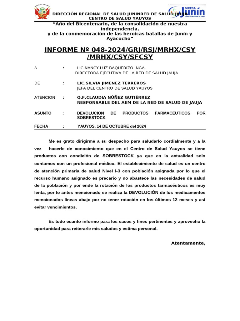 Informe 048 Devolucion de Medicamentos Octubre .2024 | PDF