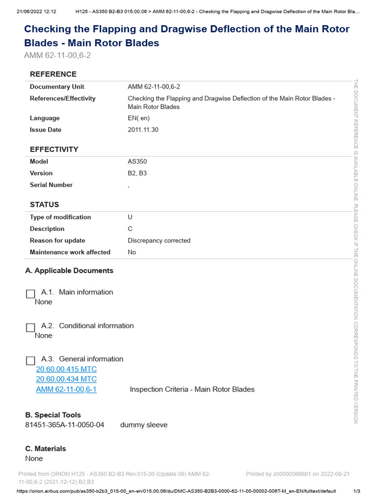 H125 - AS350 B2-B3 015.00.06 - AMM 62-11-00,6-2 - Checking The Flapping ...
