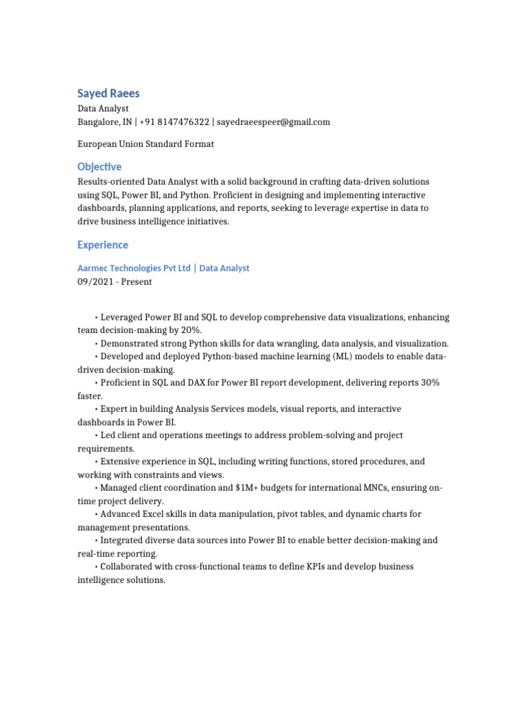 Resume Sayed Raees Europe | PDF Resume Sayed Raees Europe | PDF