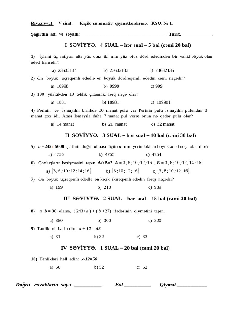 5 Sinif Riyaziyyat KSQ - 1 | PDF