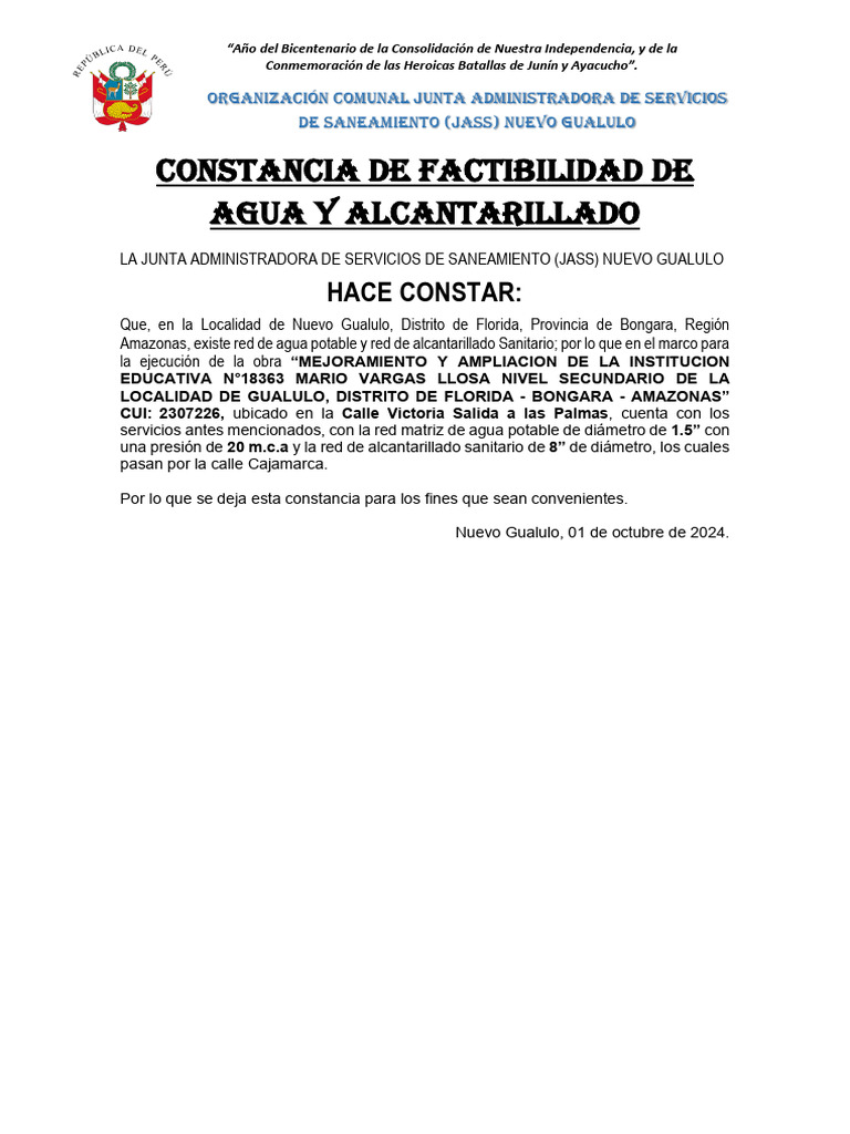 CONSTANCIA de Factibilidad de Agua y Alcantarillado Gualulo | PDF | Alcantarillado | Agua y el ...