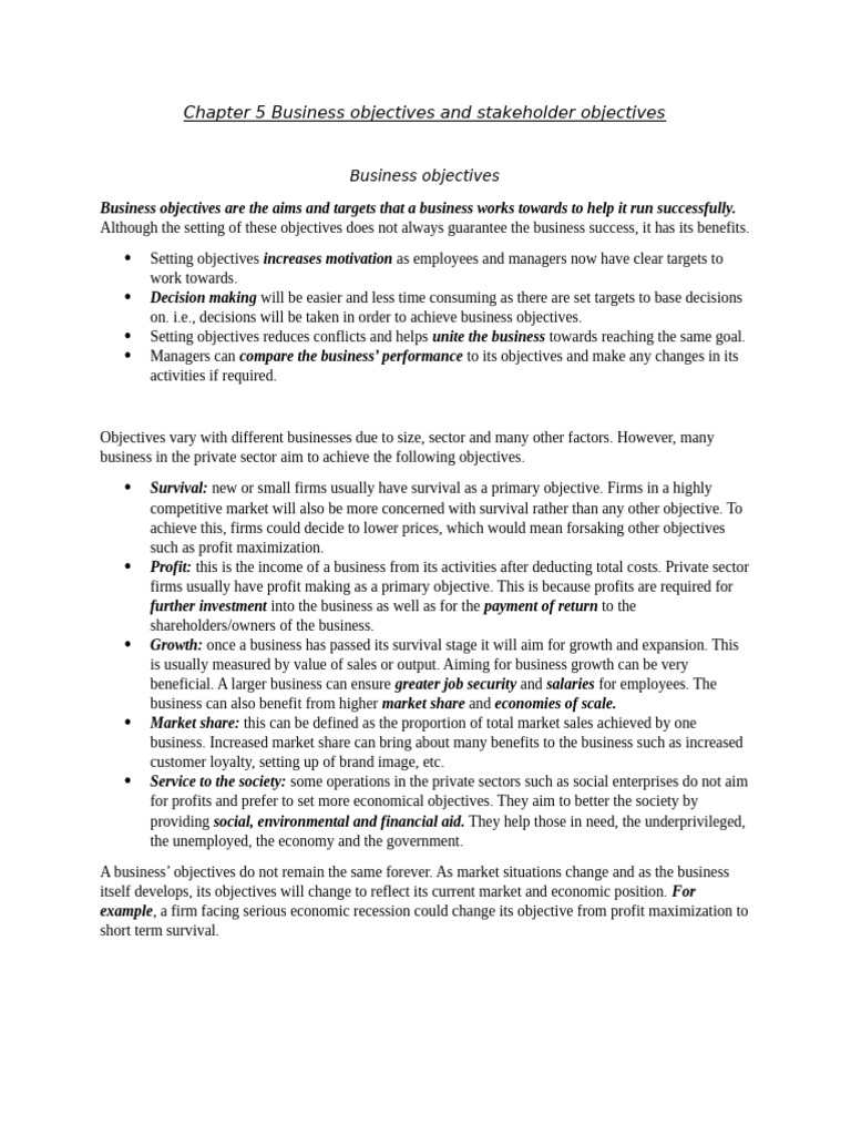 IGCSE business studies (business objectives and stakeholder objectives ...