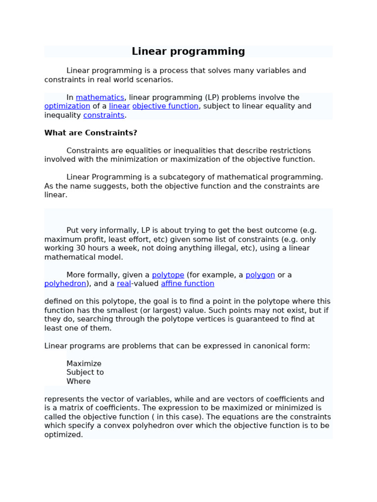 Linear programming | PDF | Linear Programming | Mathematical Optimization