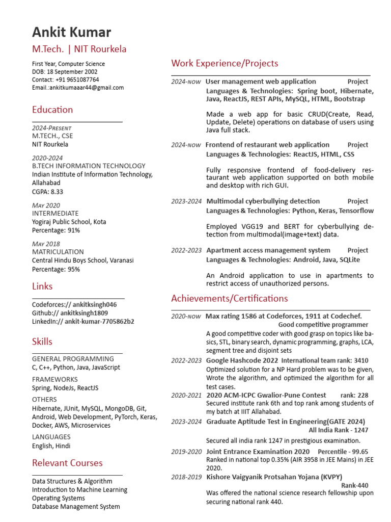 Ankit Kumar: M.Tech Student Profile | PDF | Java (Programming Language) | Computer Science