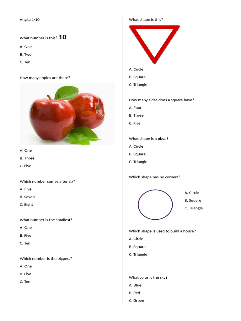 Fun Quiz on Numbers, Shapes, and Animals | PDF