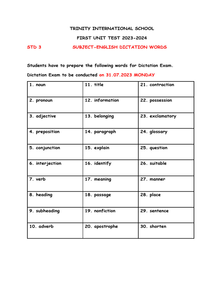 Class 3 English Dictation Words List | PDF