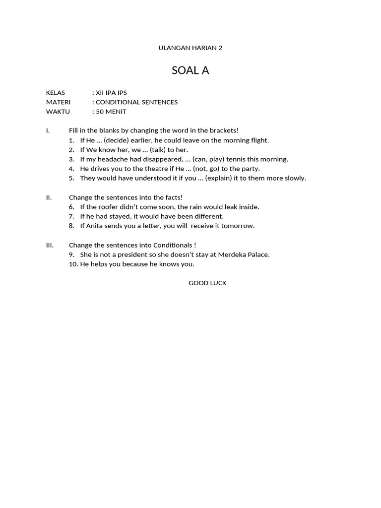 Conditional Sentences (Soal A) | PDF