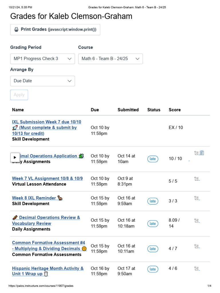 Grades For Kaleb Clemson-Graham - Math 6 - Team B - 24 - 25 | PDF ...