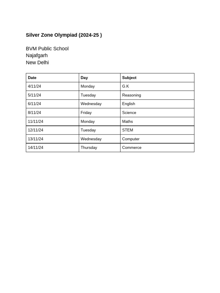 Silver Zone Olympiad Schedule 2024-25 | PDF